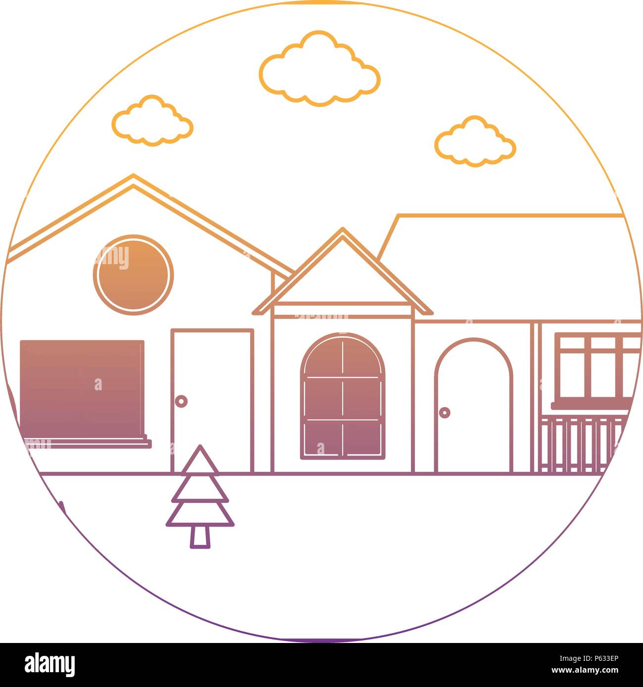 Frame in circle shape with traditional houses in a landscape over white ...