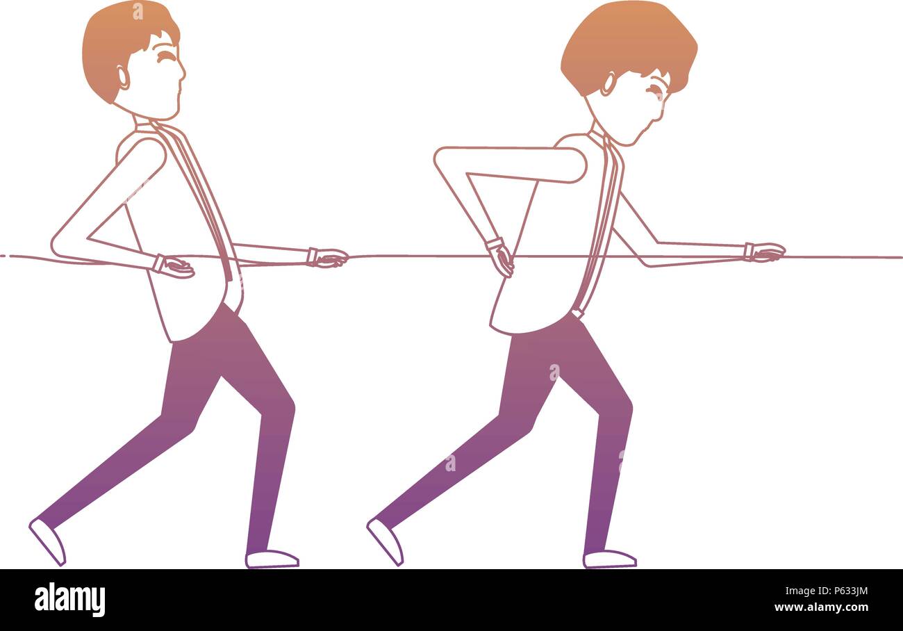 Cartoon businessmen pushing a rope over white background, vector ...