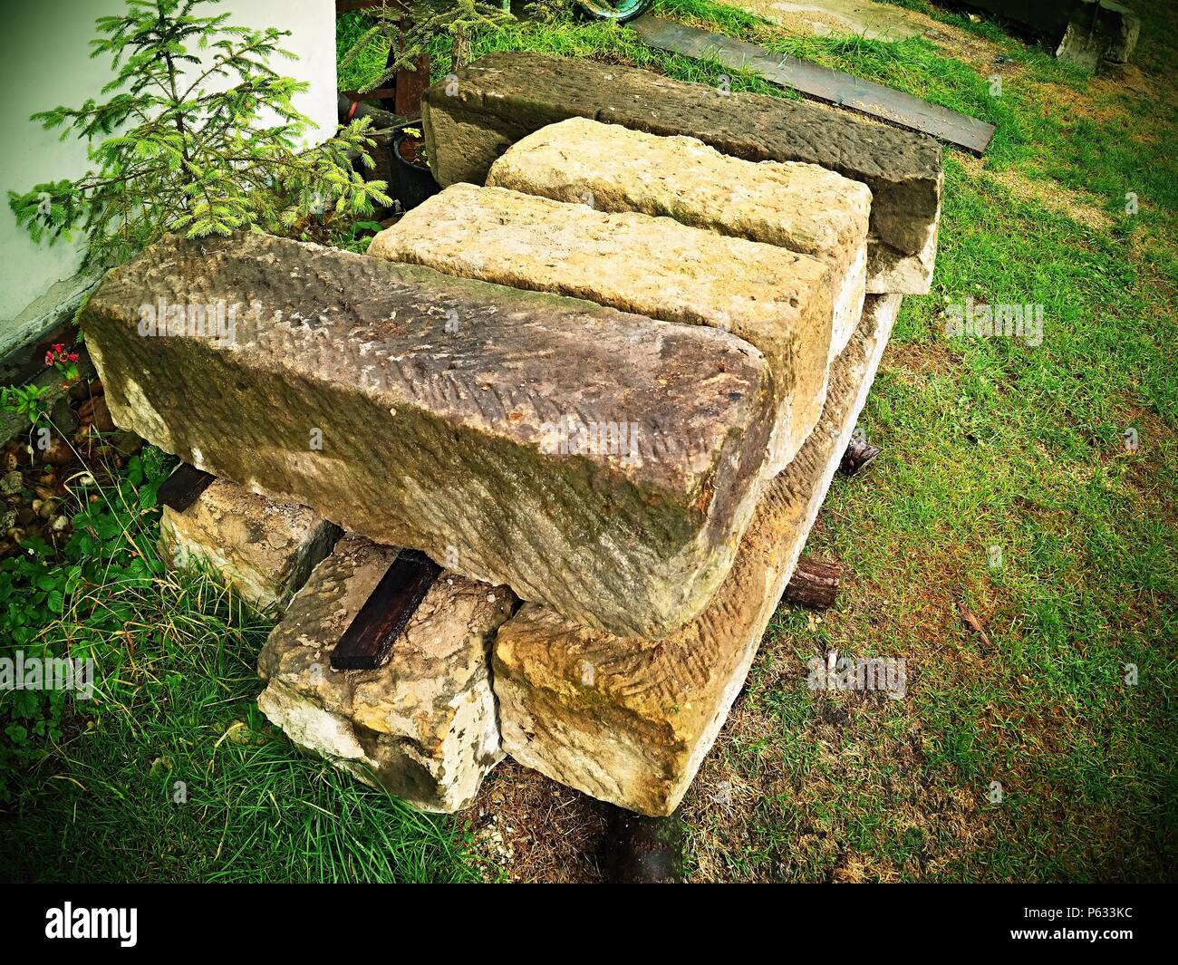 Old sandstone blocks. Heap of historical soft sand stones prepare for ...
