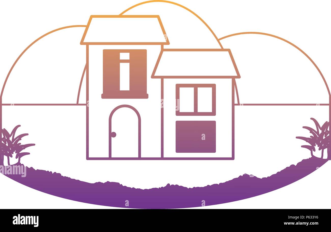 Traditional houses in a landscape over white background, colorful ...