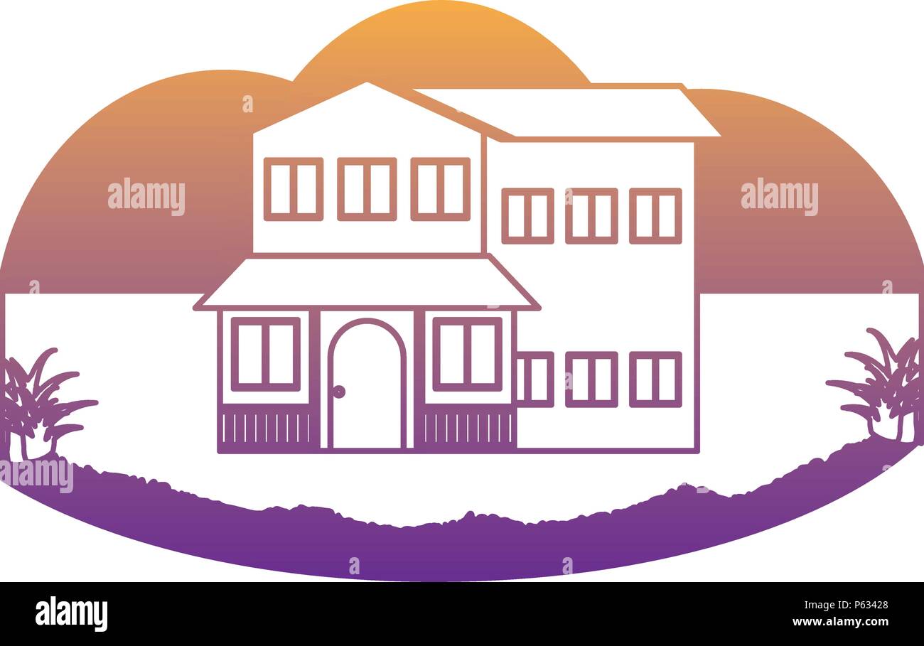 Traditional houses in a landscape over white background, colorful ...