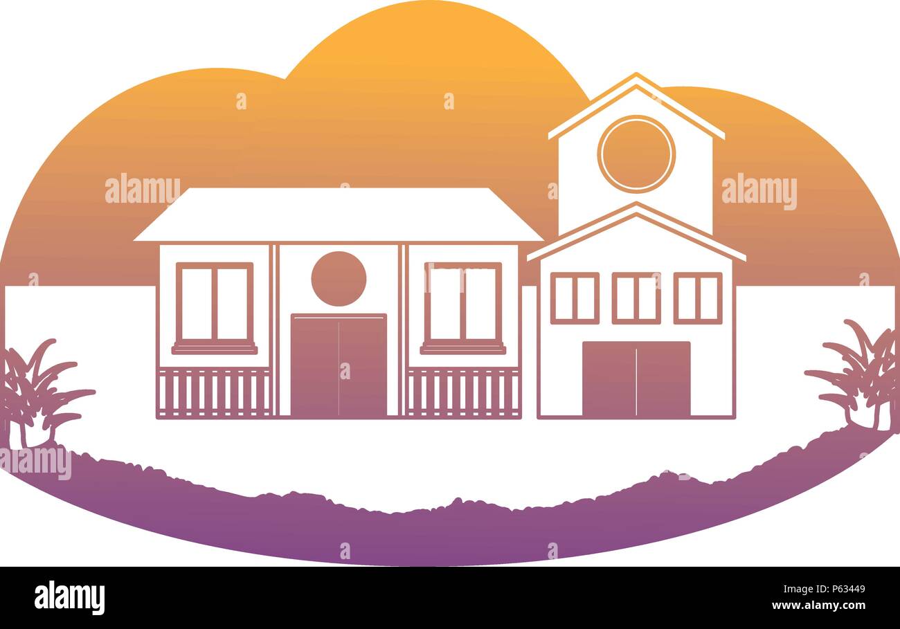 Traditional houses in a landscape over white background, colorful ...