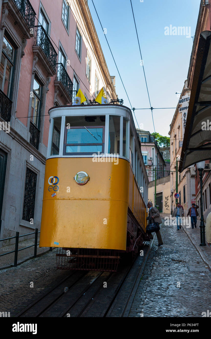 Lisbon, Portugal - May 11, 2010: People entering the Gloria Funicular ...