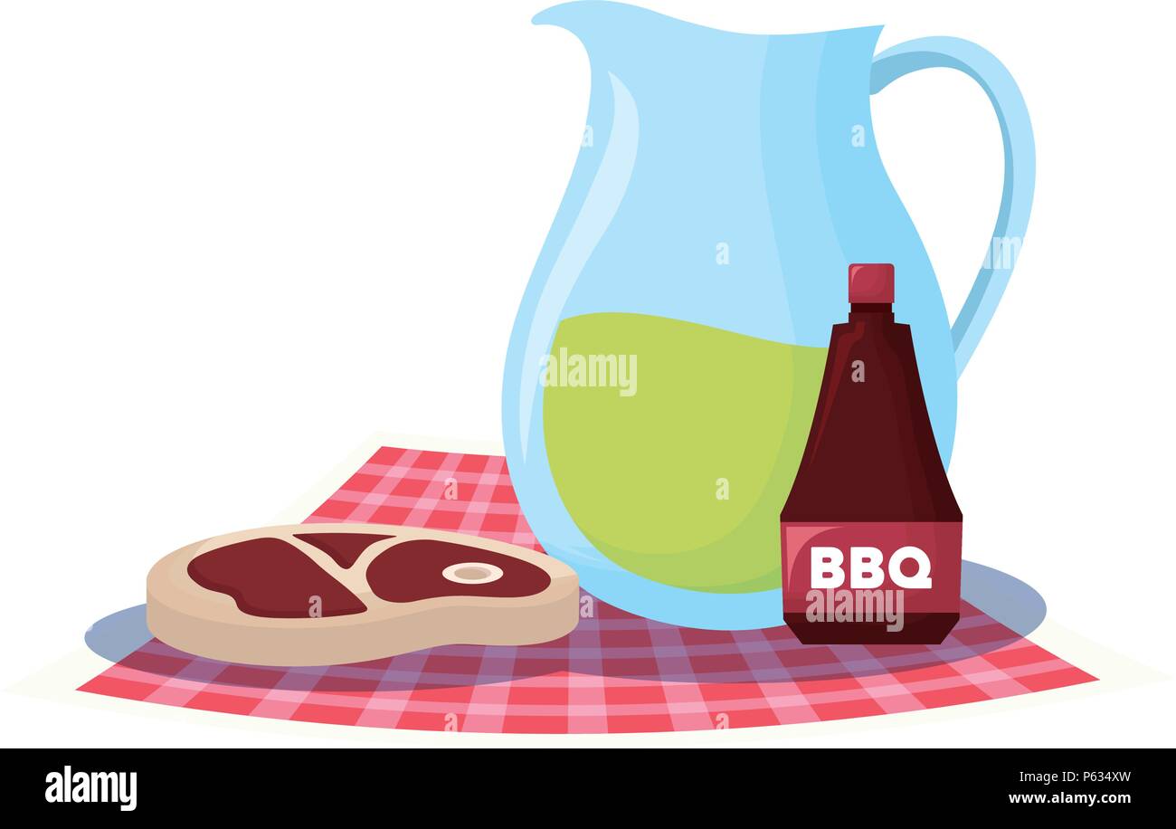 Picnic food design with lemonade pitcher and steak meat over white ...