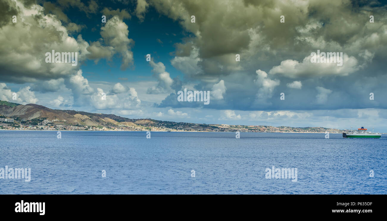 Panoramic view of the Strait of Messina which divides Sicily from Italy ...