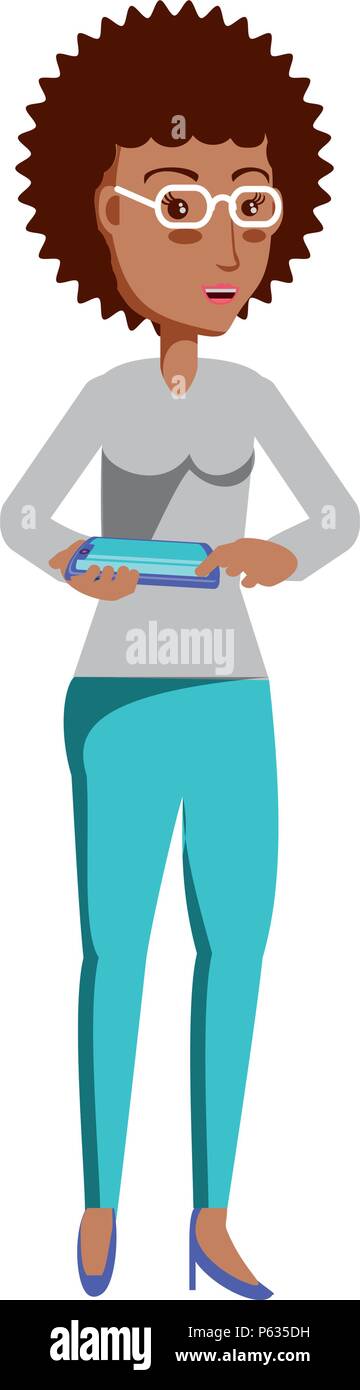 cartoon woman using a cellphone over white background, colorful design ...