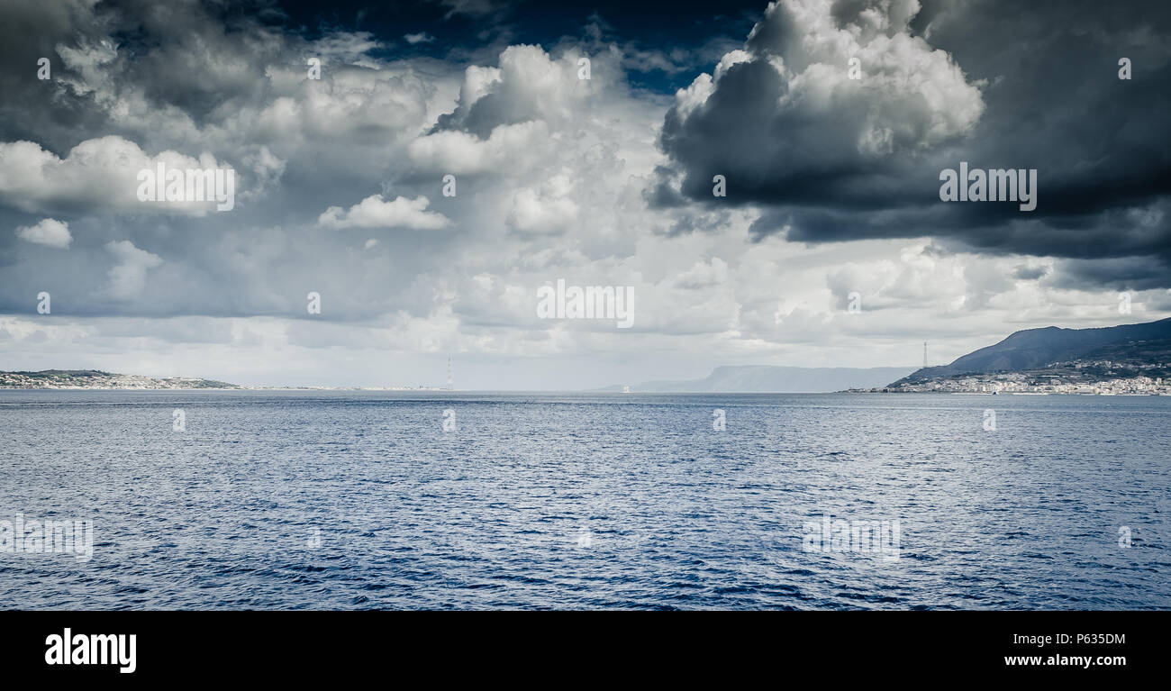 Panoramic view of the Strait of Messina which divides Sicily from Italy ...