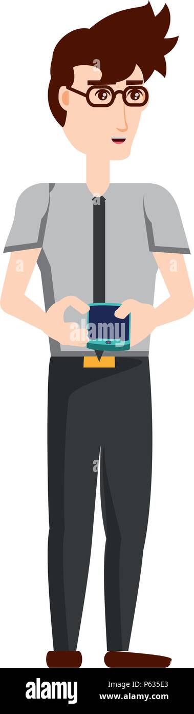 cartoon young man using a cellphone over white background, vector ...