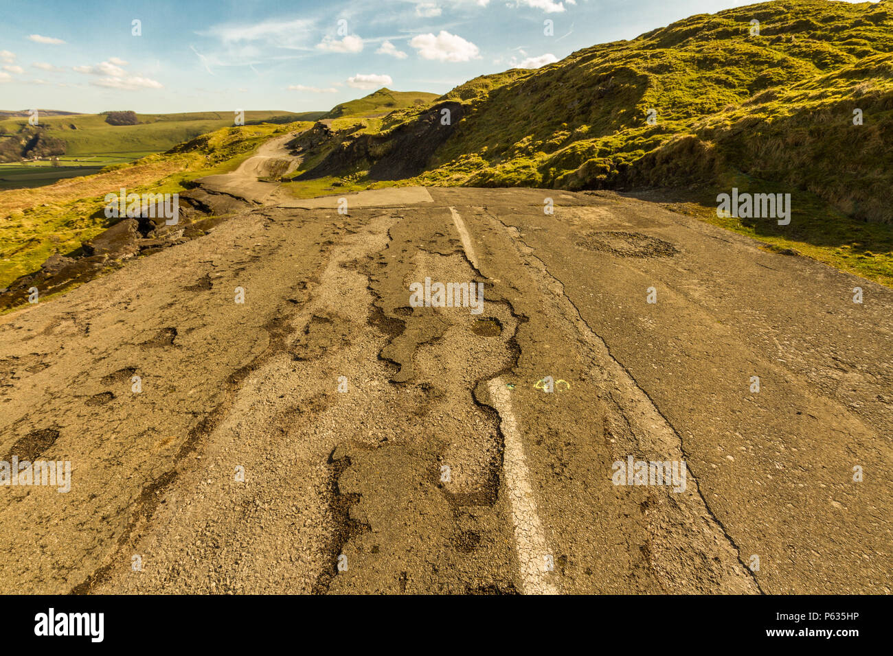 Road closed and destroyed by landslip, A625. Mam Tor, Peak District ...