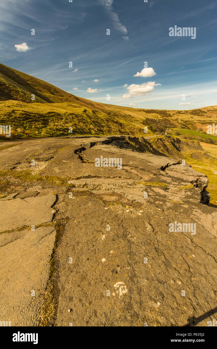 Road closed and destroyed by landslip, A625. Mam Tor, Peak District ...