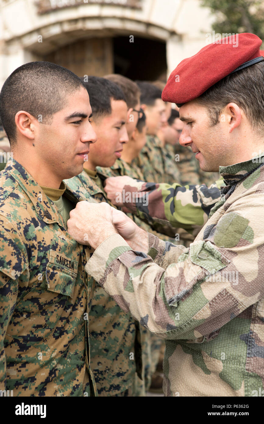 A French Commando training instructor places a French Commando pin on U ...