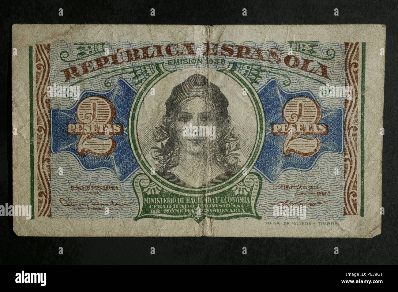 DINERO: BILLETE DE DOS PESETAS DE LA REPUBLICA ESPAÑOLA (1938). ANVERSO ...