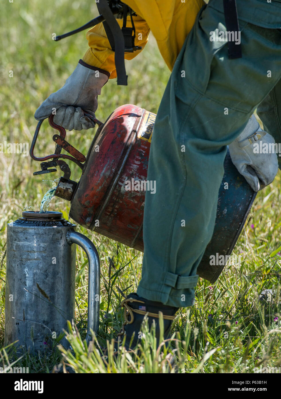 A member of the Virginia Department of Forestry pours fuel into a drip ...