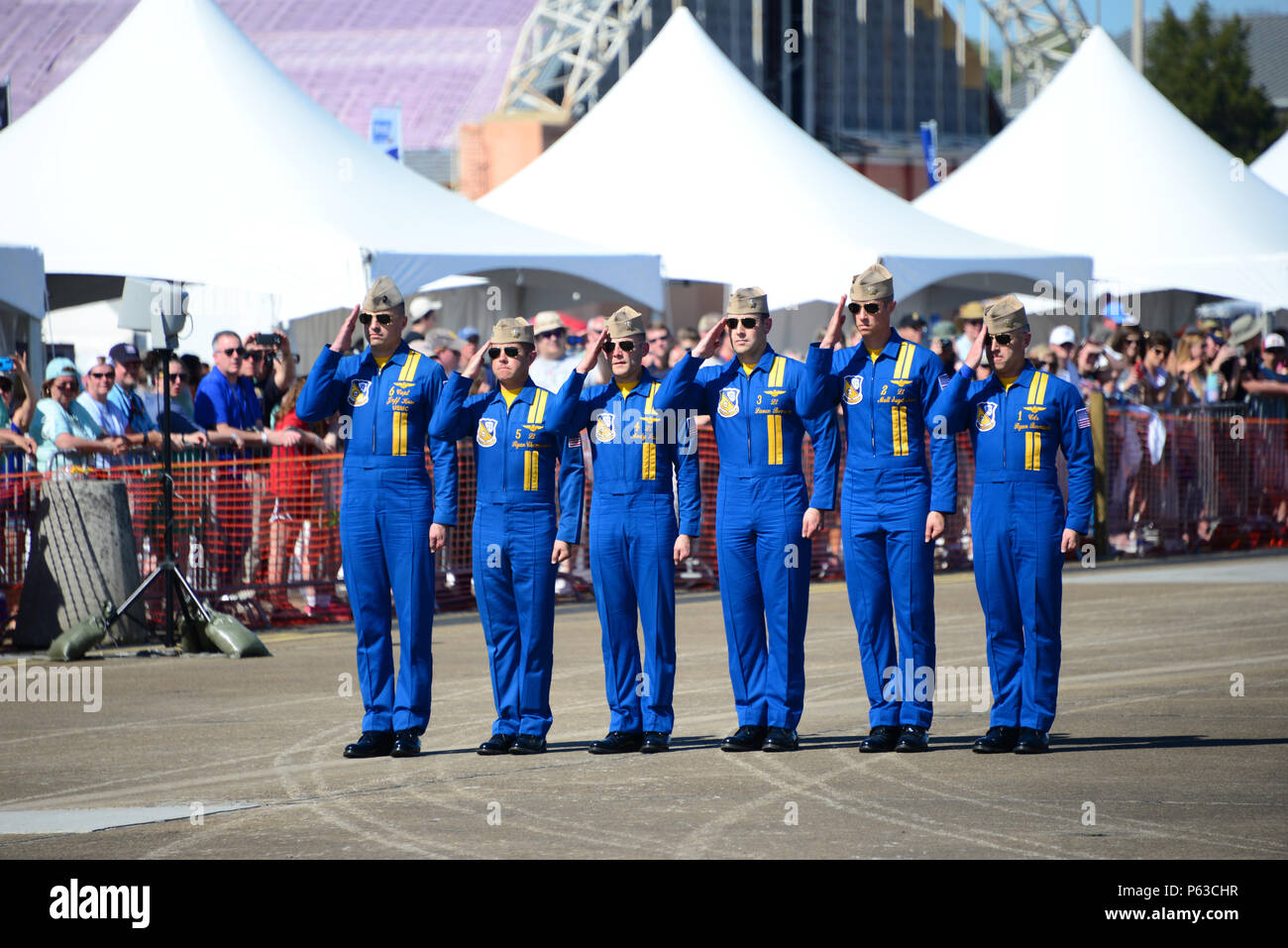 The U.S. Navy Blue Angels Flight Demonstration Team salute after a ...