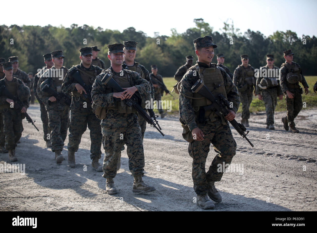 Marines with 2nd Combat Engineer Battalion conduct a hike to their new ...