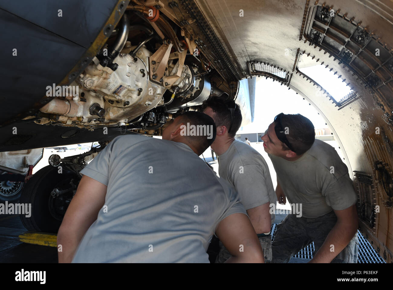 U.S. Air Force Airmen from the 28th Aircraft Maintenance Unit inspect ...