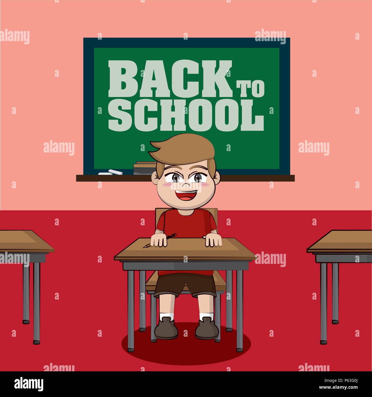 Cute school boy seated on desk at classroom vector illustration graphic ...