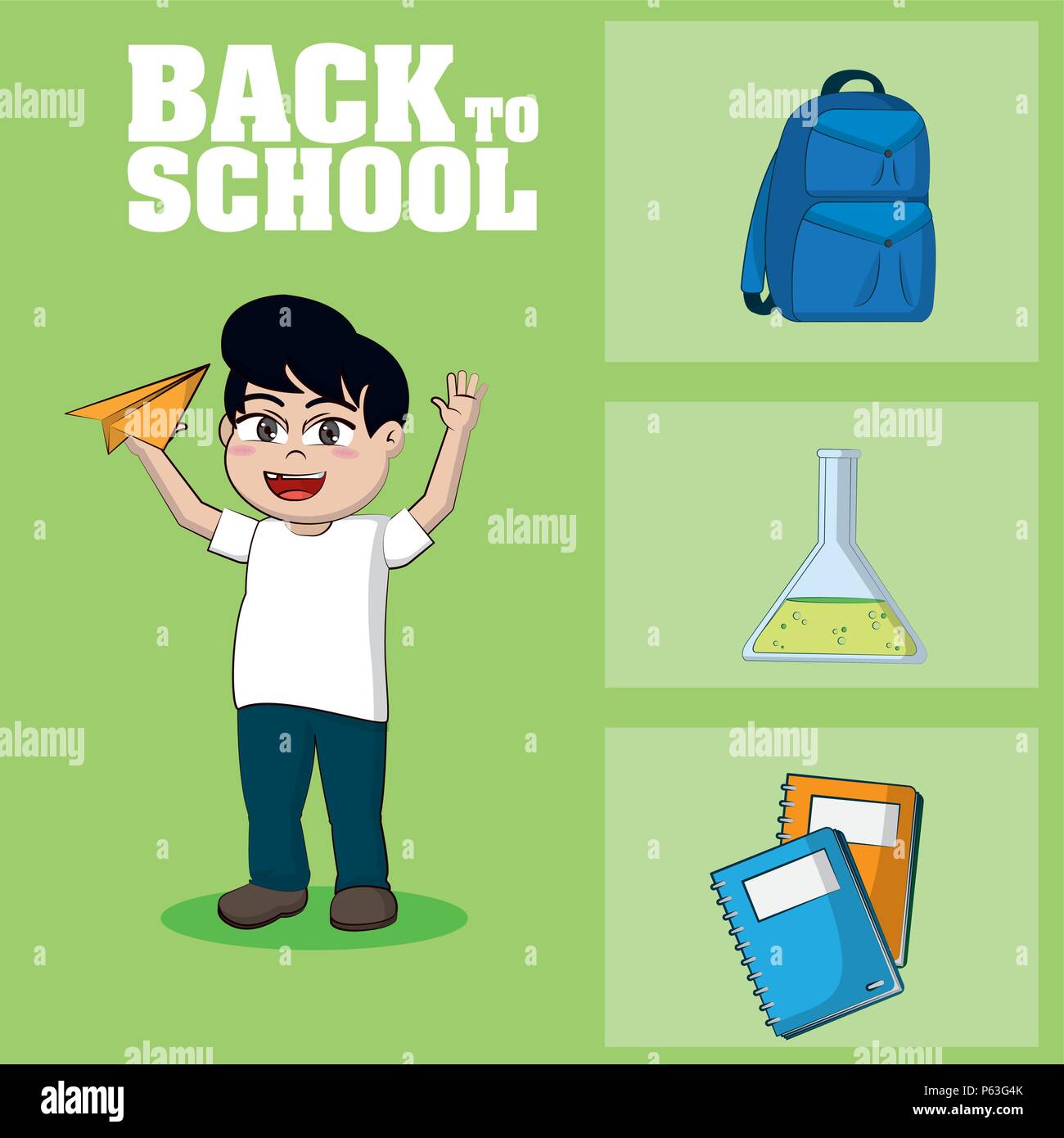 Cute student boy with school supplies icons vector illustration graphic ...