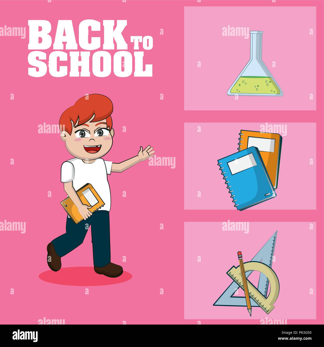 Cute student boy with school supplies icons vector illustration graphic ...