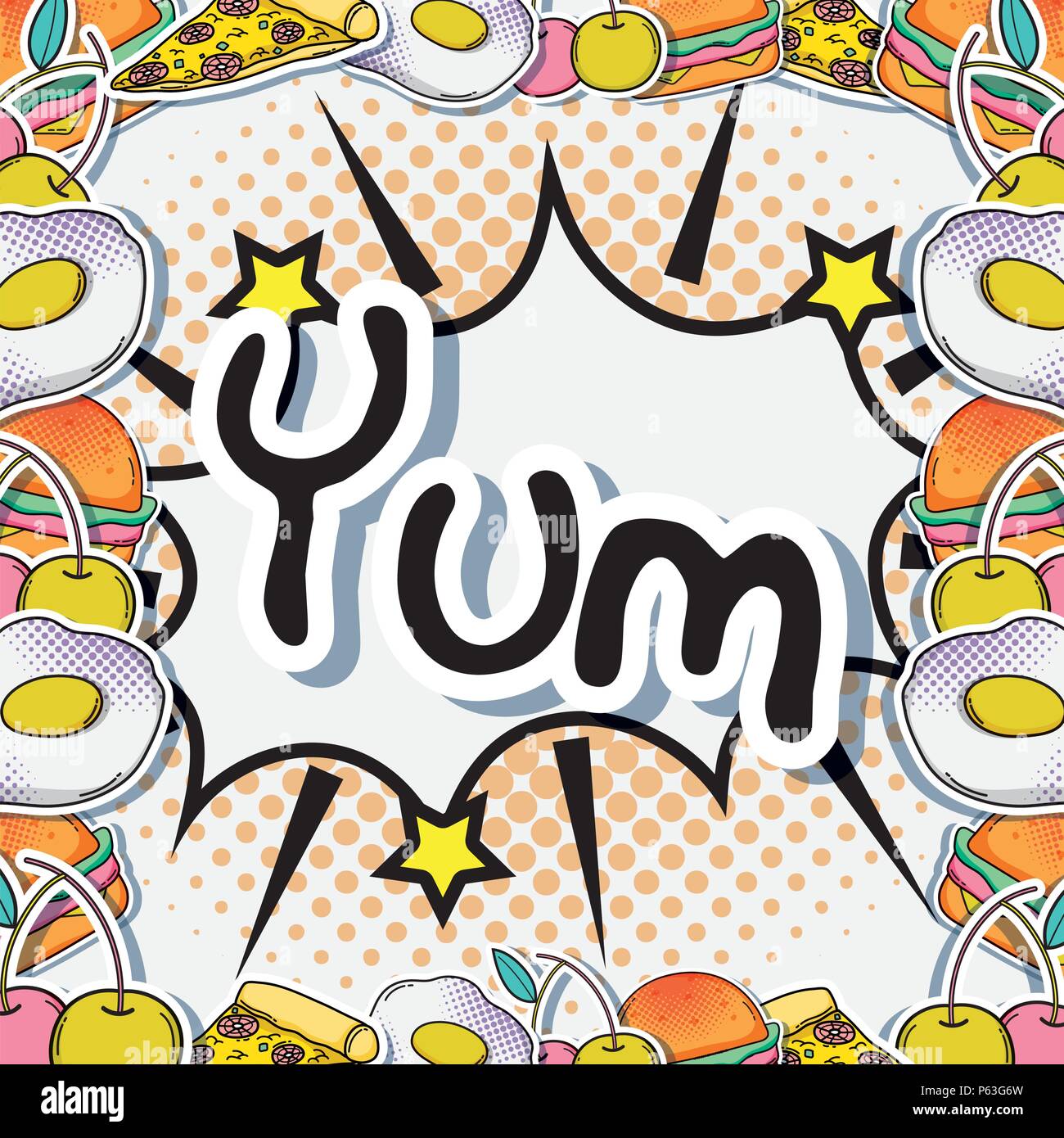 Yum pop art cartoons with food vector illustration graphic design Stock ...