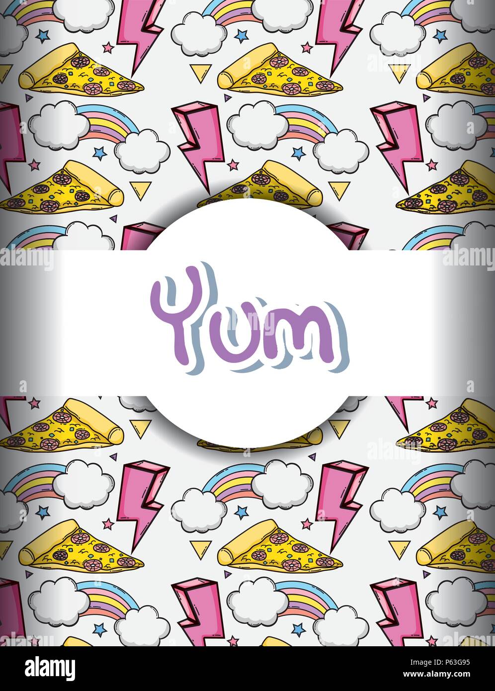 Pop art yum background with pizza rays and rainbows vector illustration ...