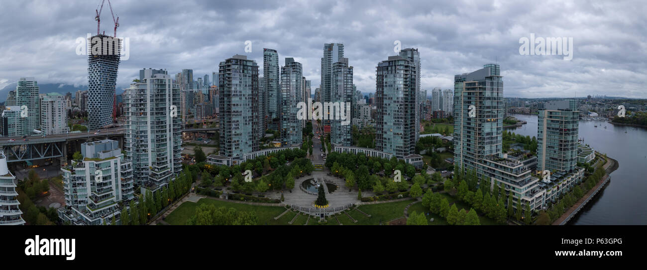 Aerial view of high rise buildings in Downtown City during a cloudy ...