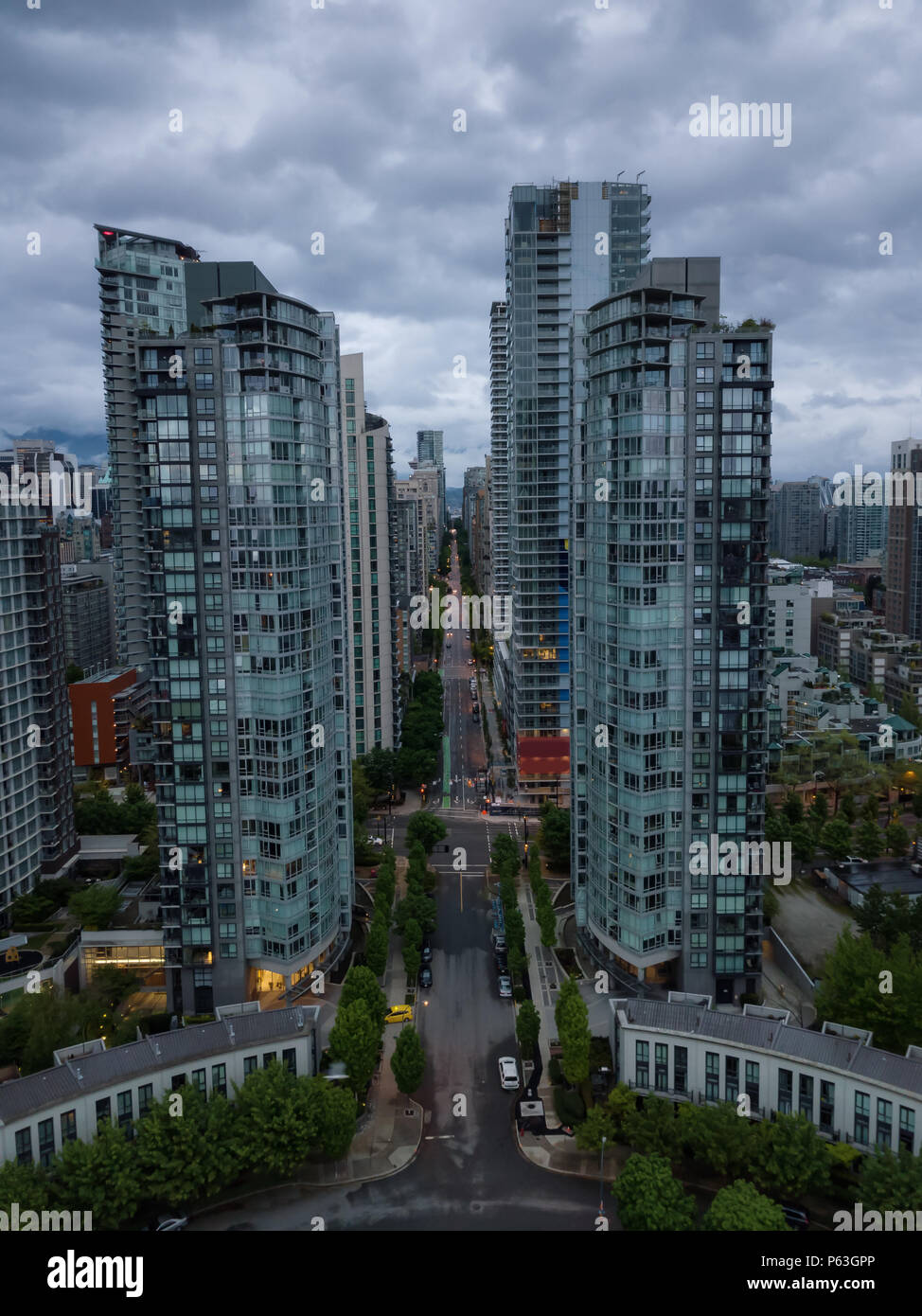 Aerial view of high rise buildings in Downtown City during a cloudy ...