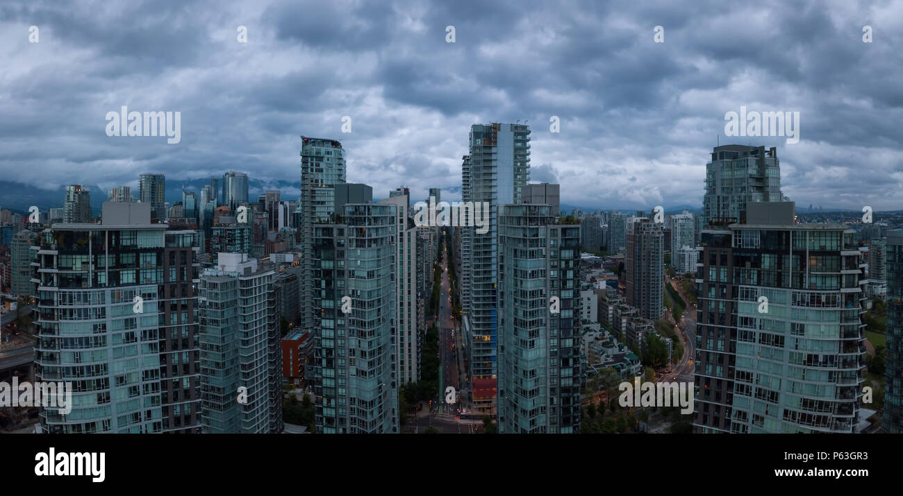 Aerial view of high rise buildings in Downtown City during a cloudy ...