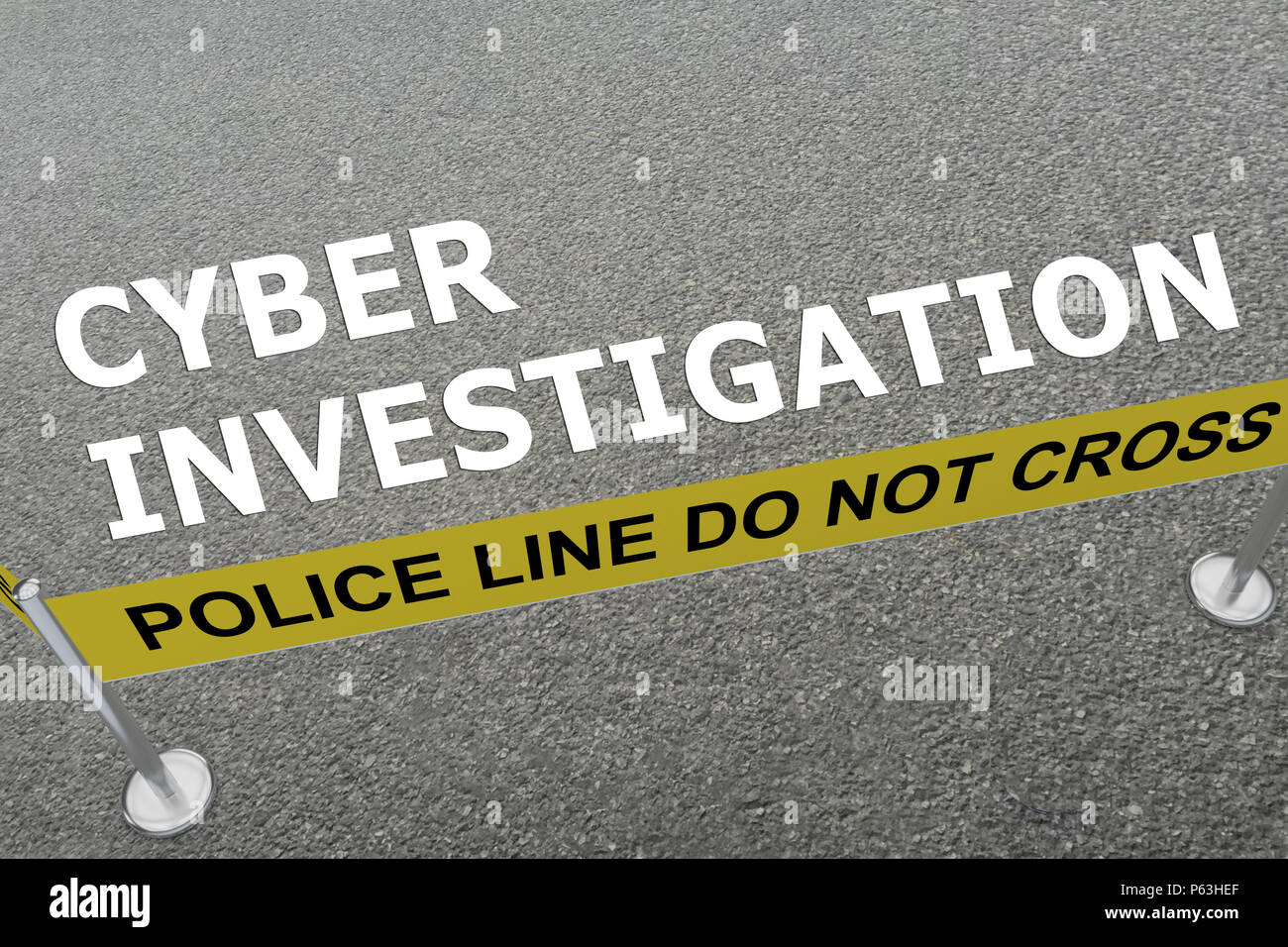 3D illustration of CYBER INVESTIGATION title on the ground in a police ...