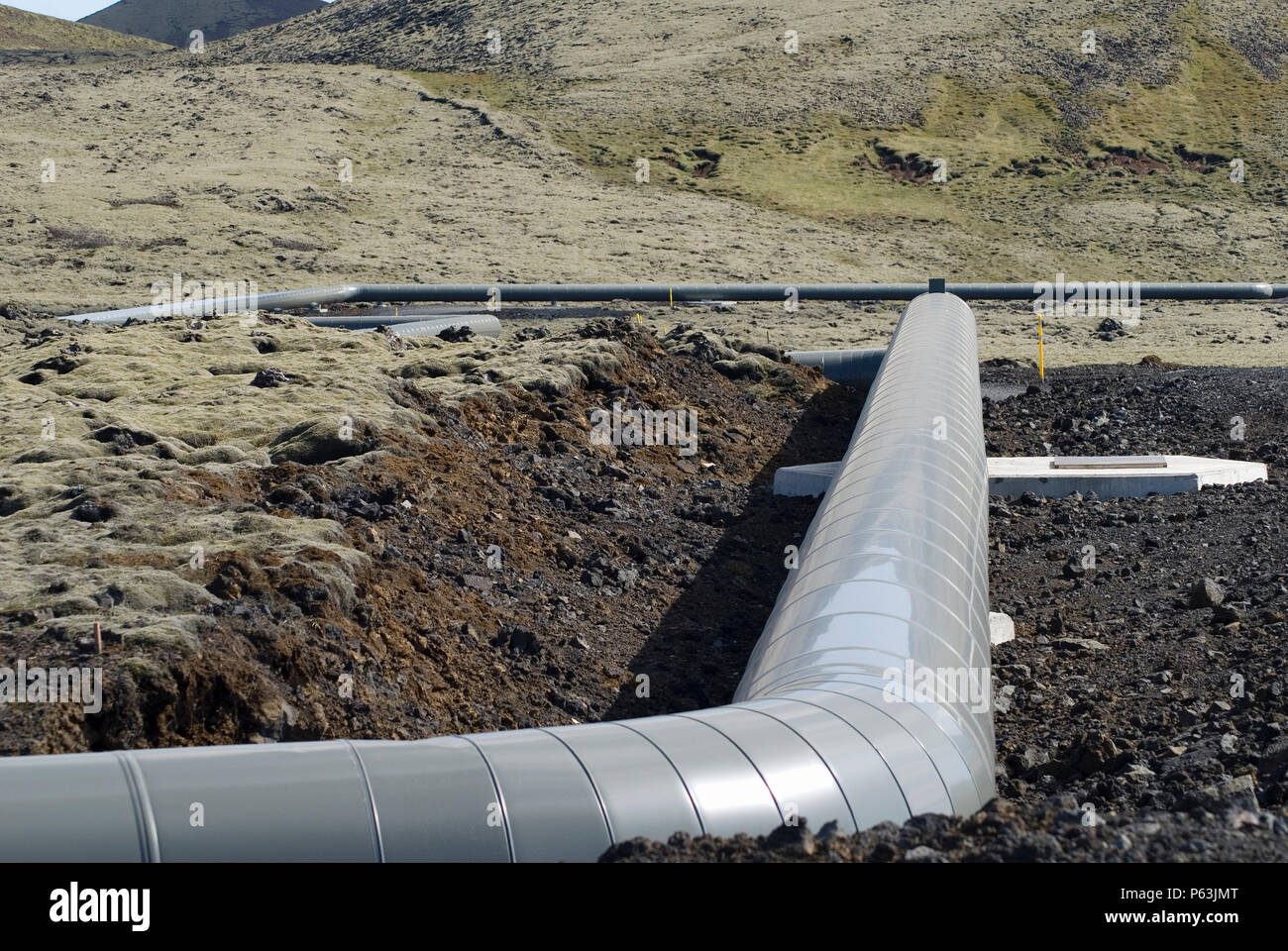 Water pipes in Hellisheidi, Iceland. These are employed to provide ...