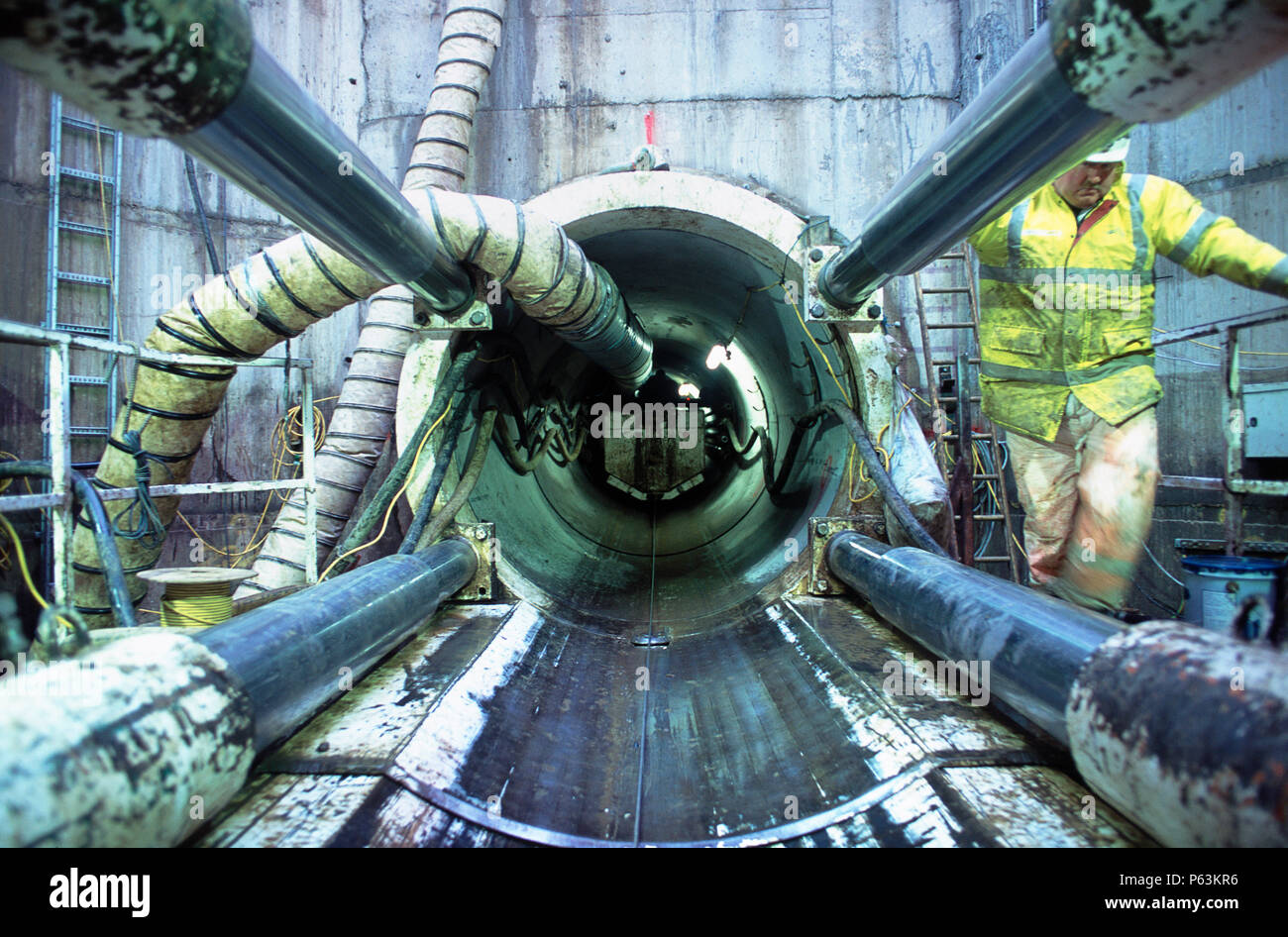 A muck out truck is loaded at the end of the next section of pipejacked ...