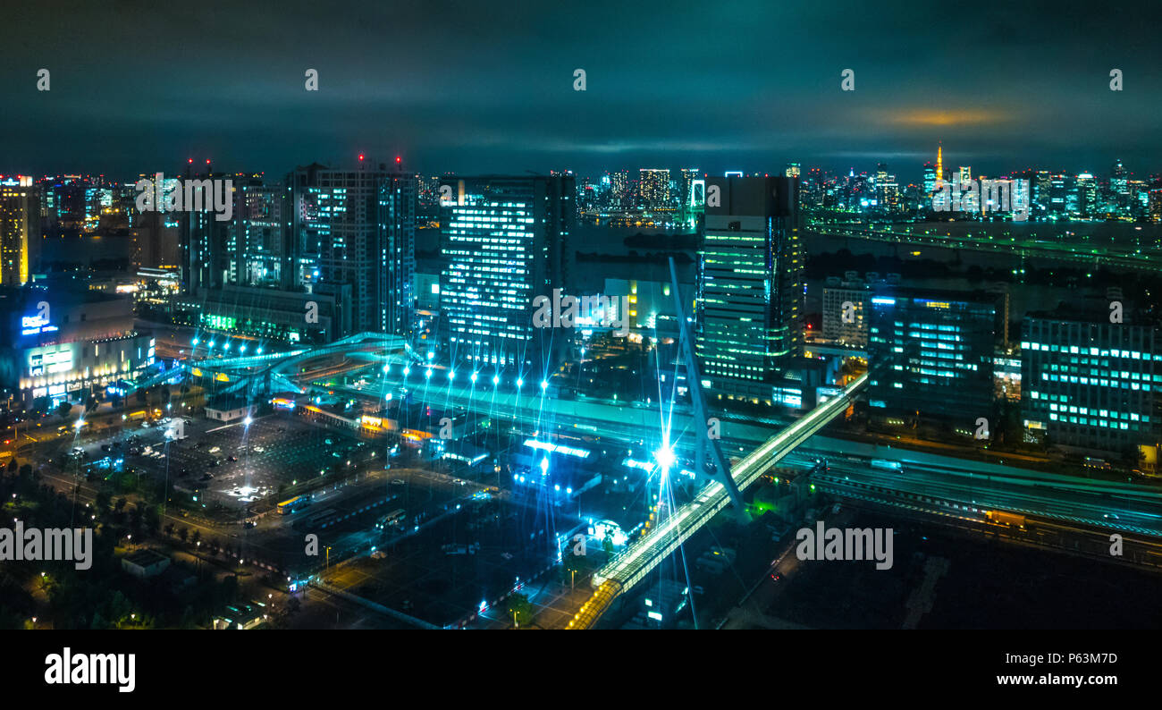 Aerial view over tokyo by night beautiful city lights hi-res stock ...