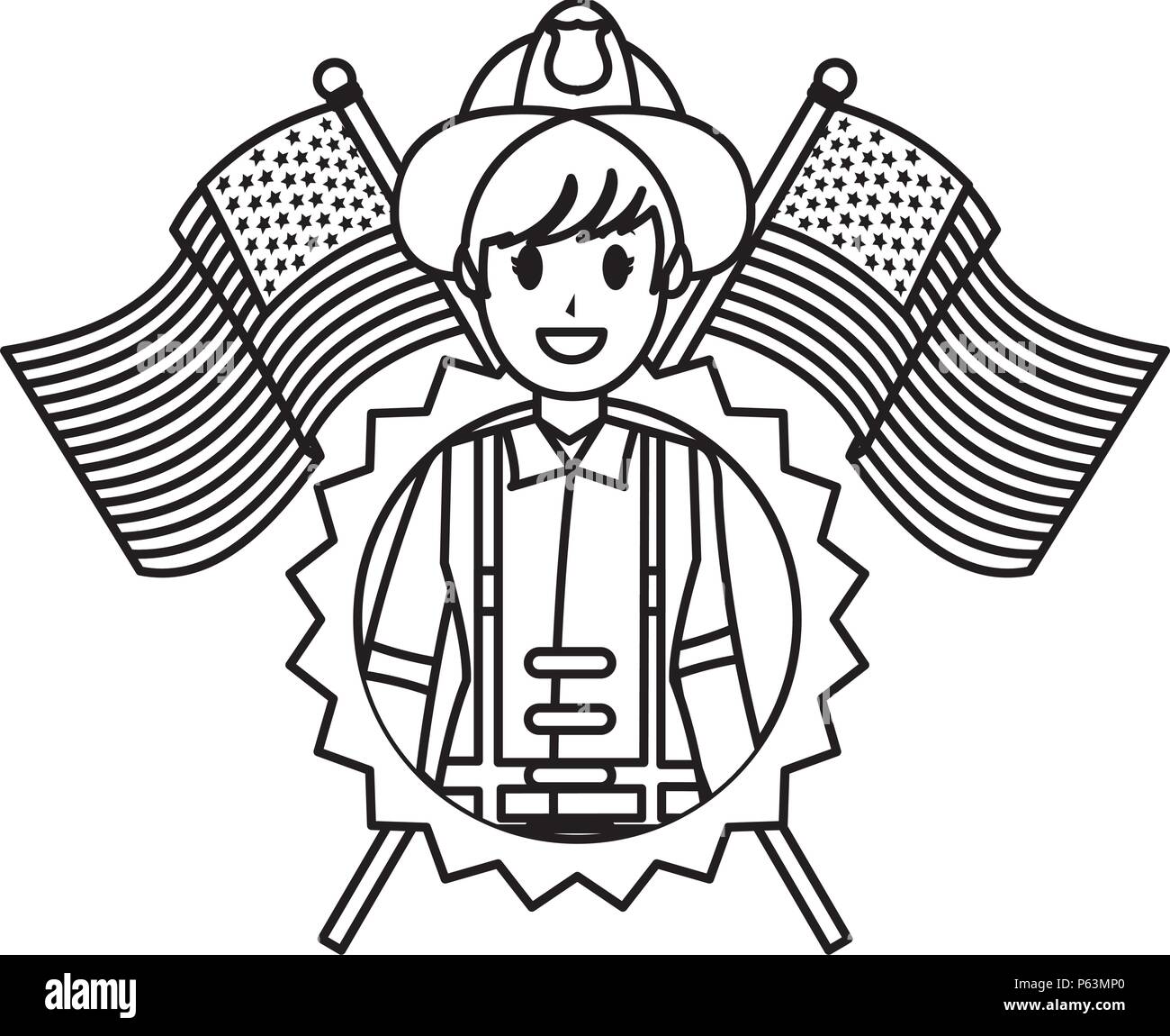 line firefighter with usa flags and nation emblem vector illustration ...