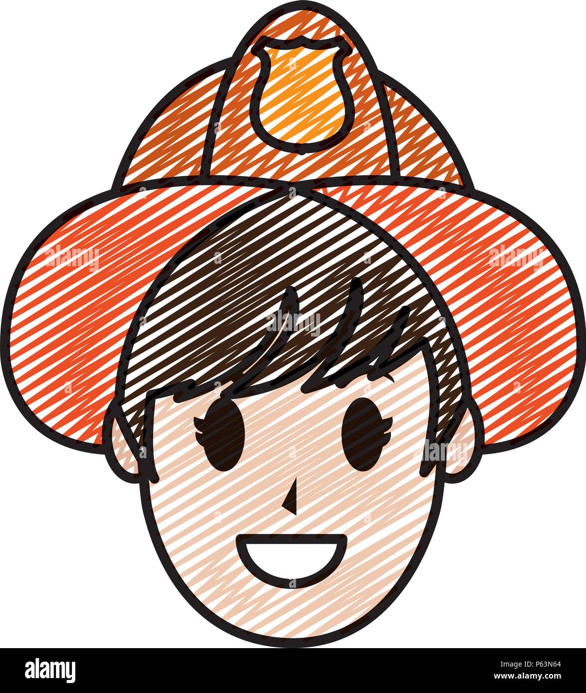 doodle happy firefighter head with helmet uniform vector illustration ...