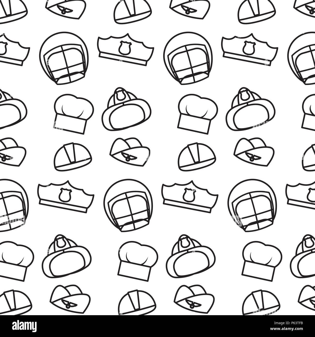 line professional hats and helmets work background vector illustration ...