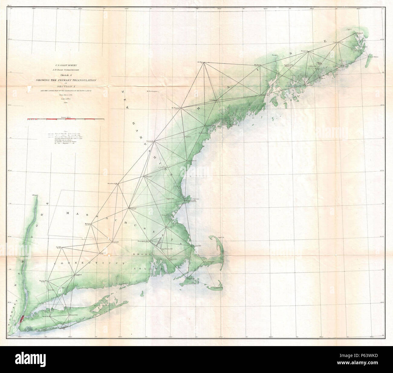 1864 U.S. Coast Survey Map or Trianguation Chart of New England ...