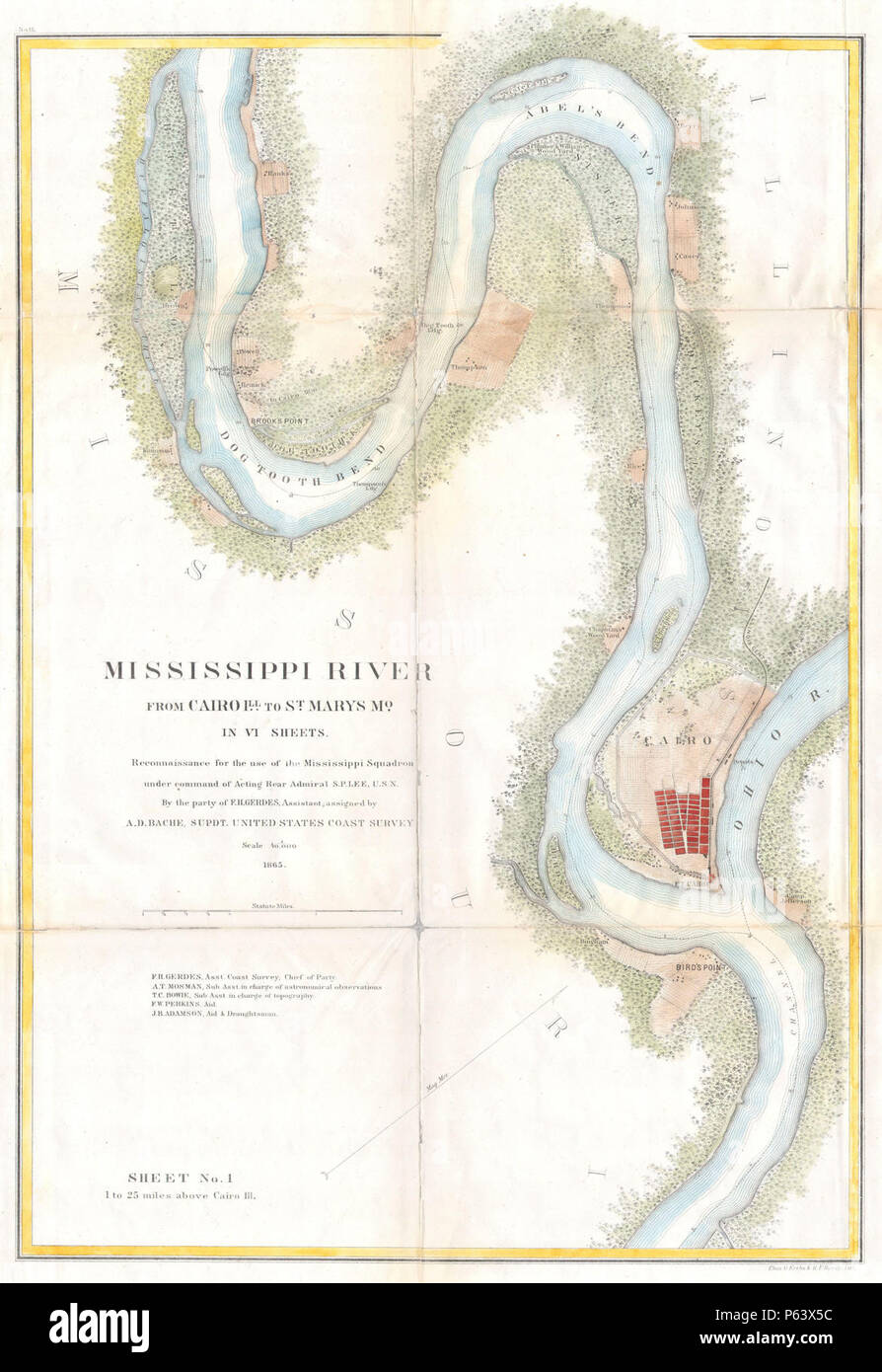 1865 U.S.C.S. Map of the Mississippi River From Cairo, Illinois to St. Marys, Missouri ...