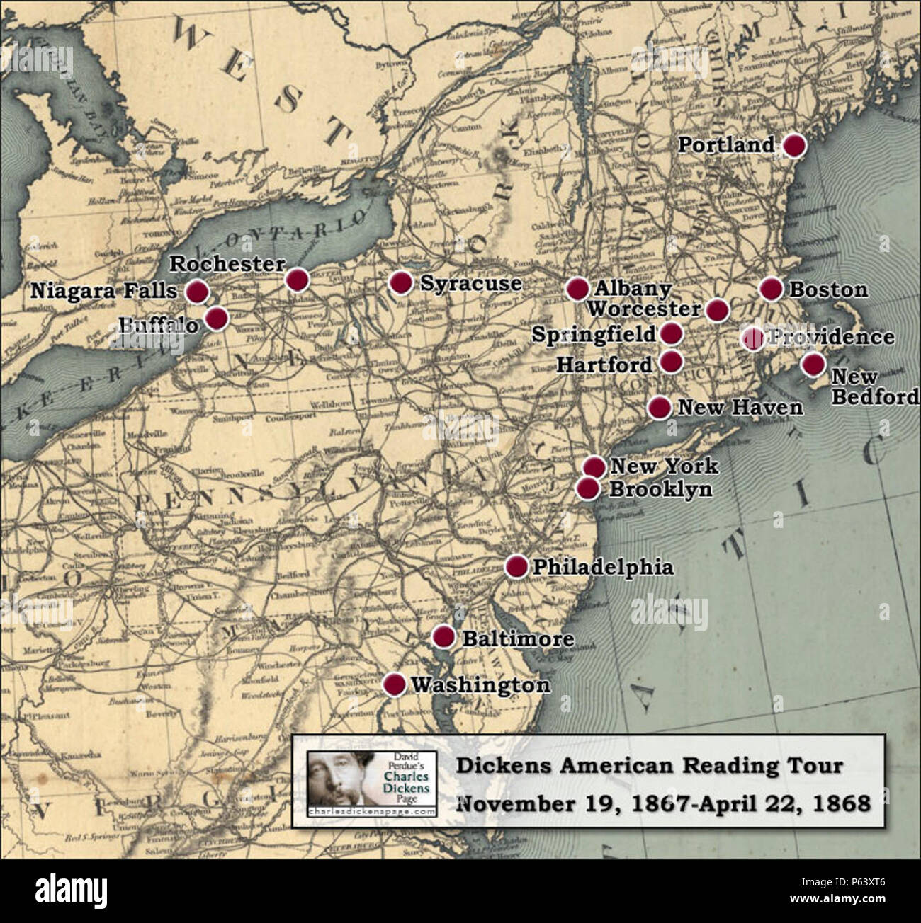 1867-68 american reading tour map Stock Photo - Alamy