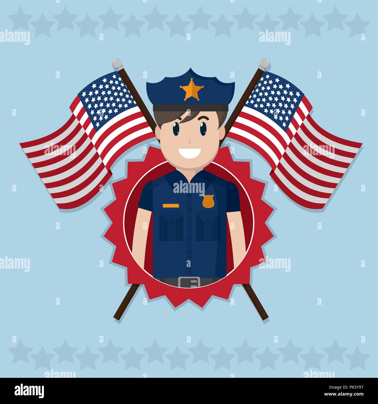 Police officer over usa flags crossed vector illustration graphic ...