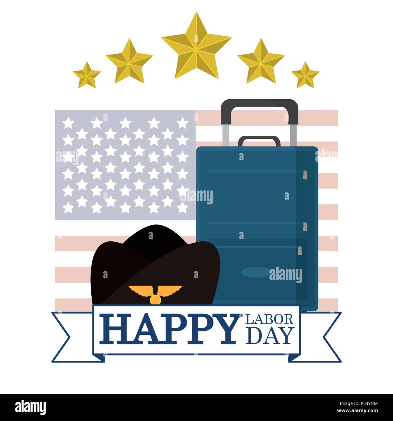 Pilot hat and luggage over USA flags vector illustration graphic design ...