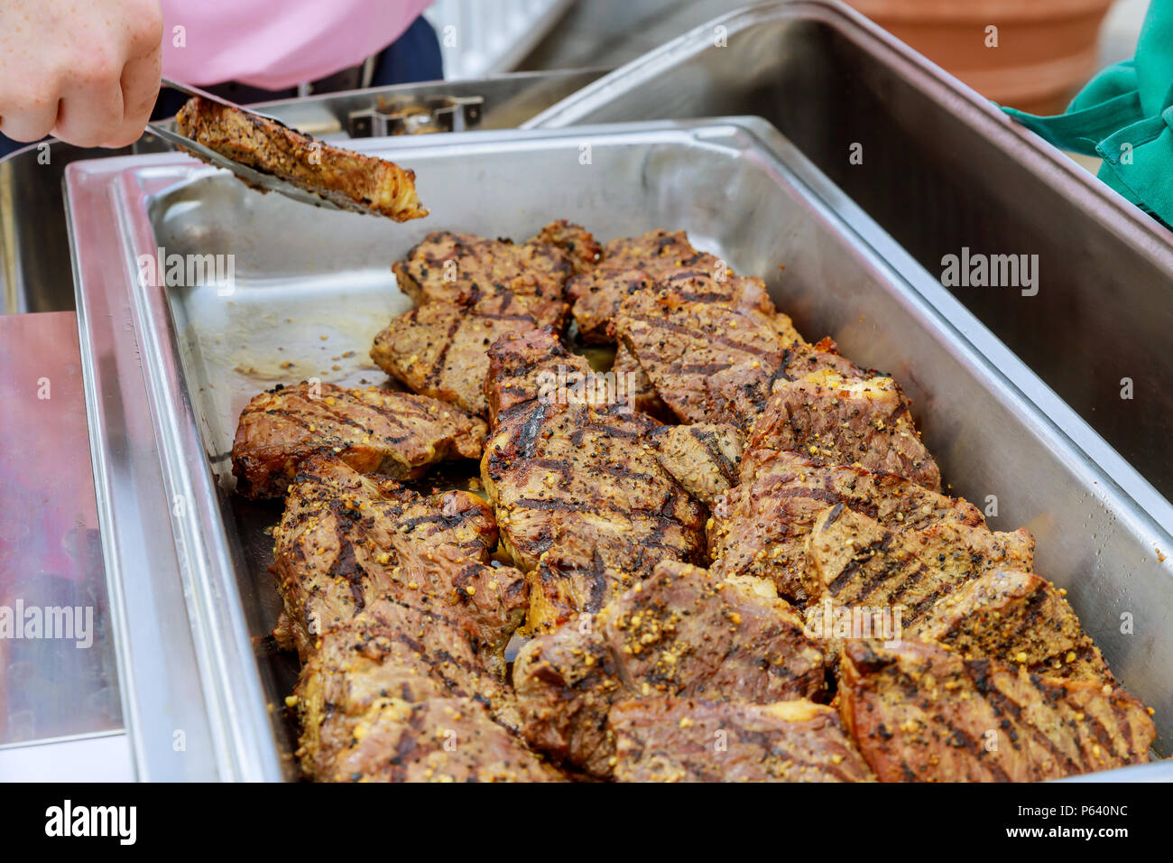 Beef steaks with spices on tray. Barbecue food. Rib eye steak Stock ...