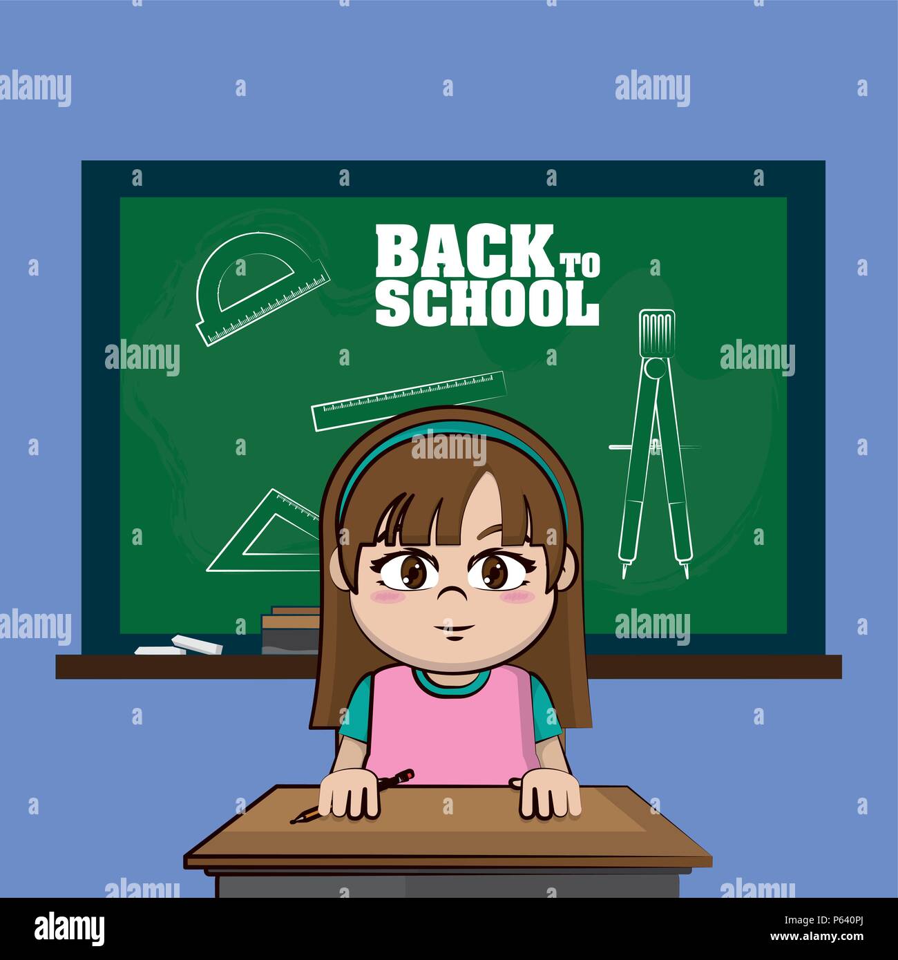Cute student girl front blackboard back to school cartoons vector ...