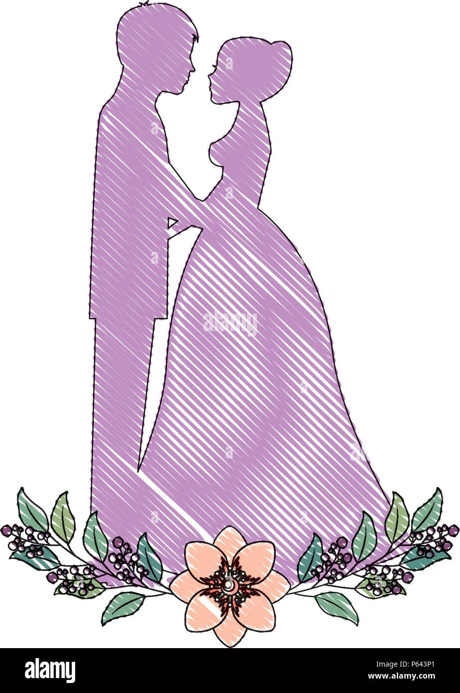 elegant couple wedding flowers decoration vector illustration drawing ...