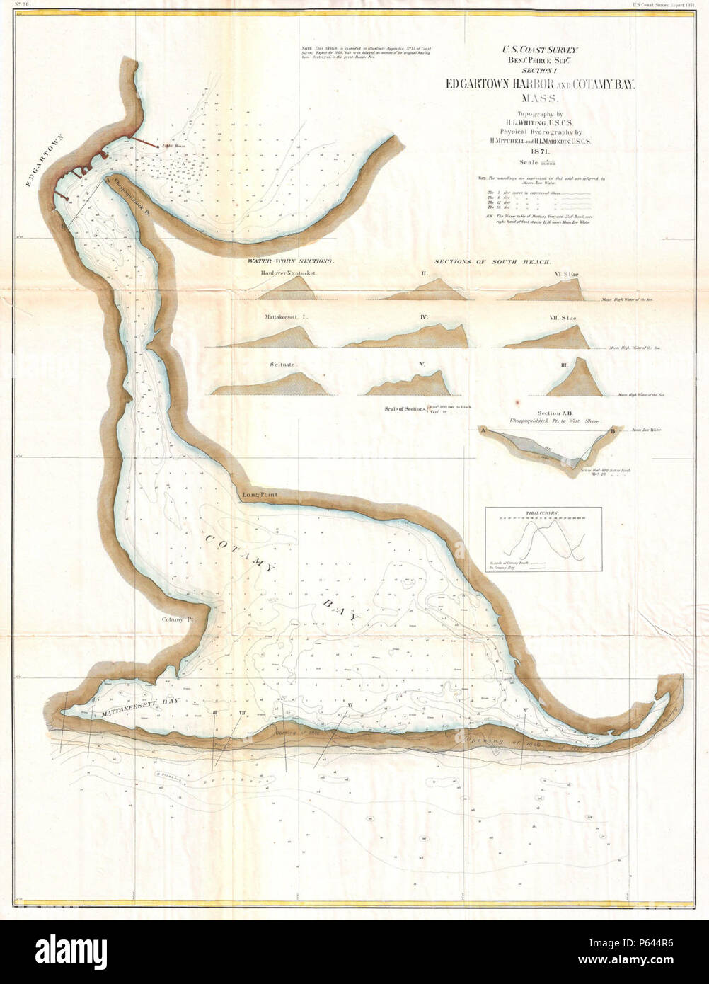 1871 U.S. Coast Survey Map or Chart of Edgartown Harbor, Martha's ...