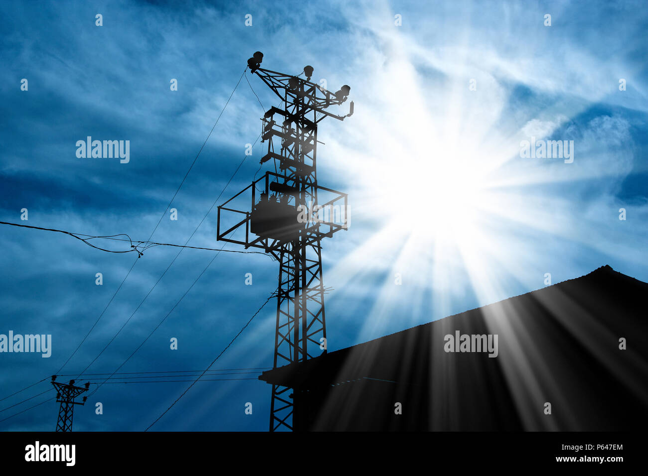 an image of a metal tower of Power Lines Stock Photo - Alamy