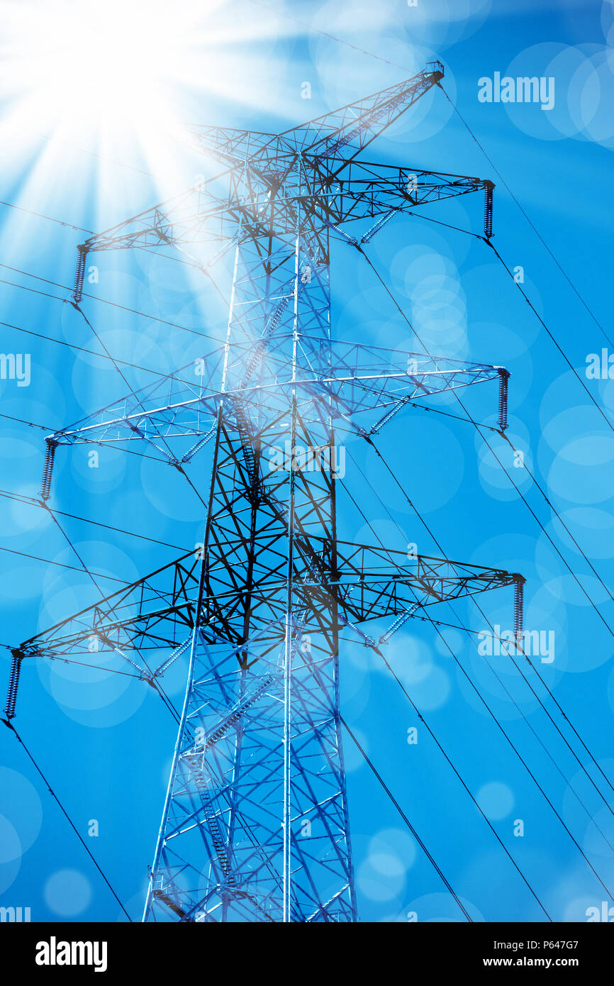 an image of a metal tower of Power Lines Stock Photo - Alamy