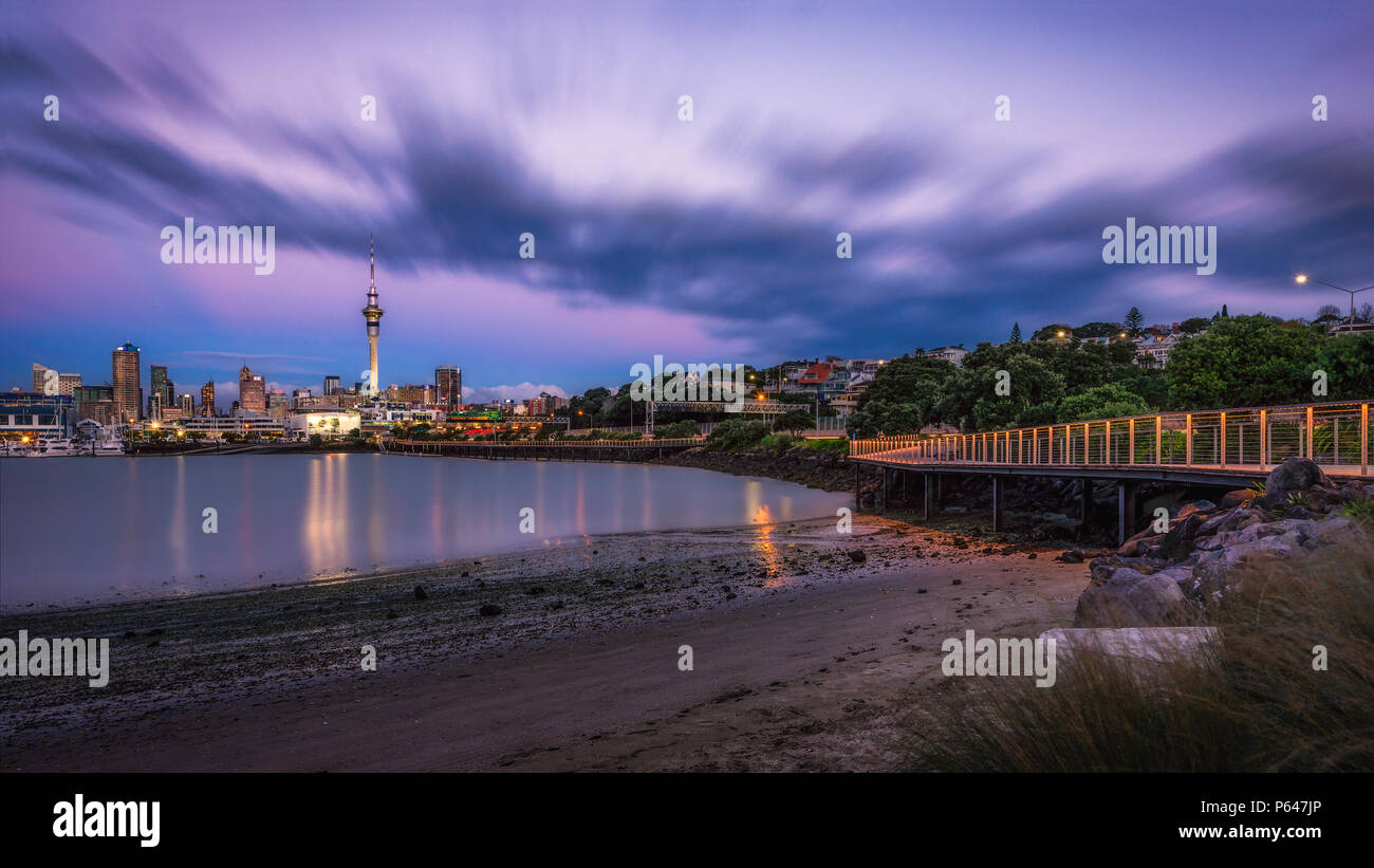 Auckland City Skyline at Sunset Long Exposure Stock Photo - Alamy