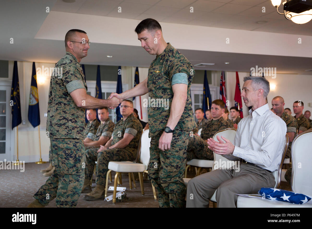 U.S. Marine Maj. Gabriel Leal, right, the School of Infantry-East (SOI ...