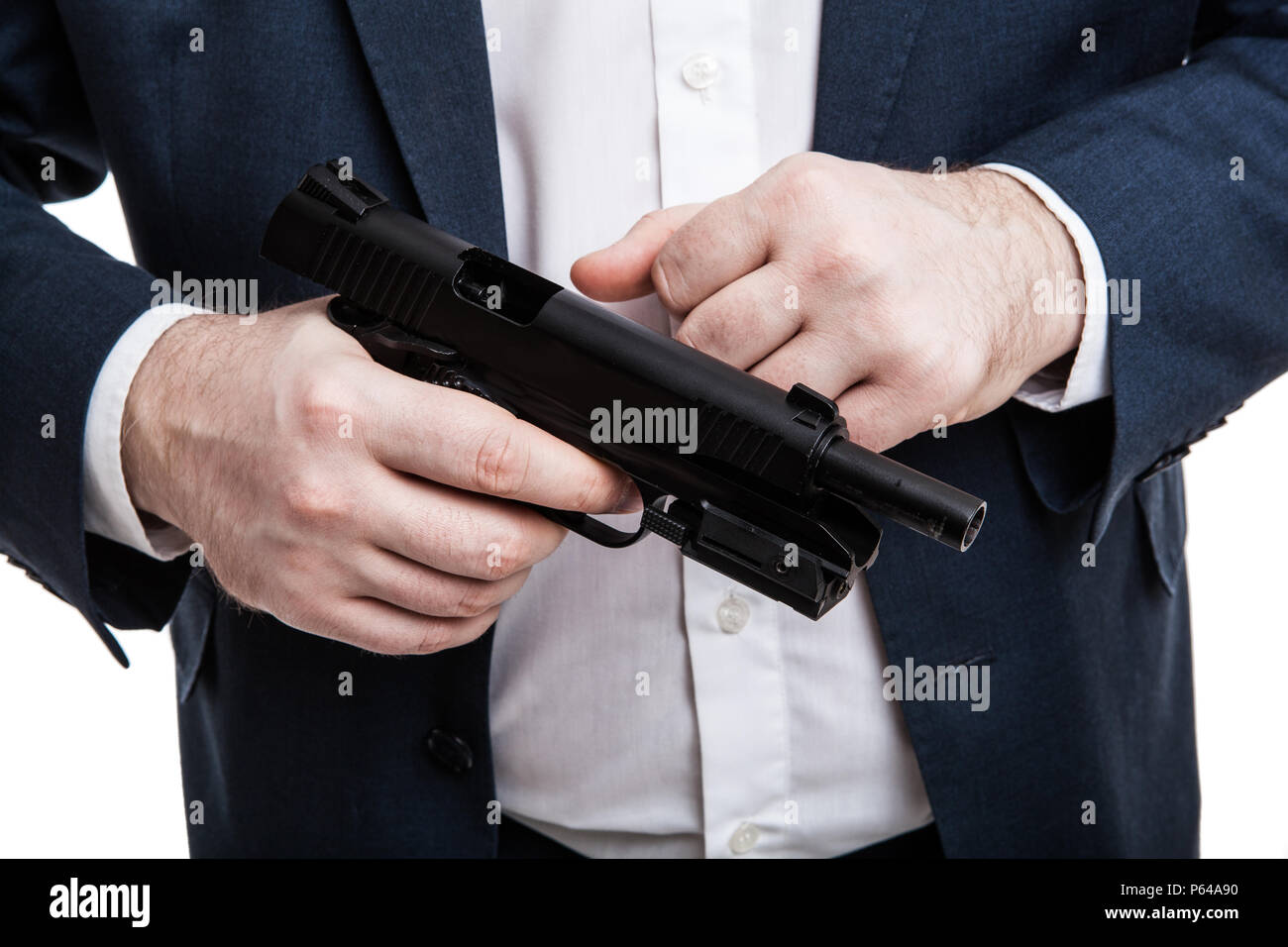 man holding a gun on a white background Stock Photo - Alamy