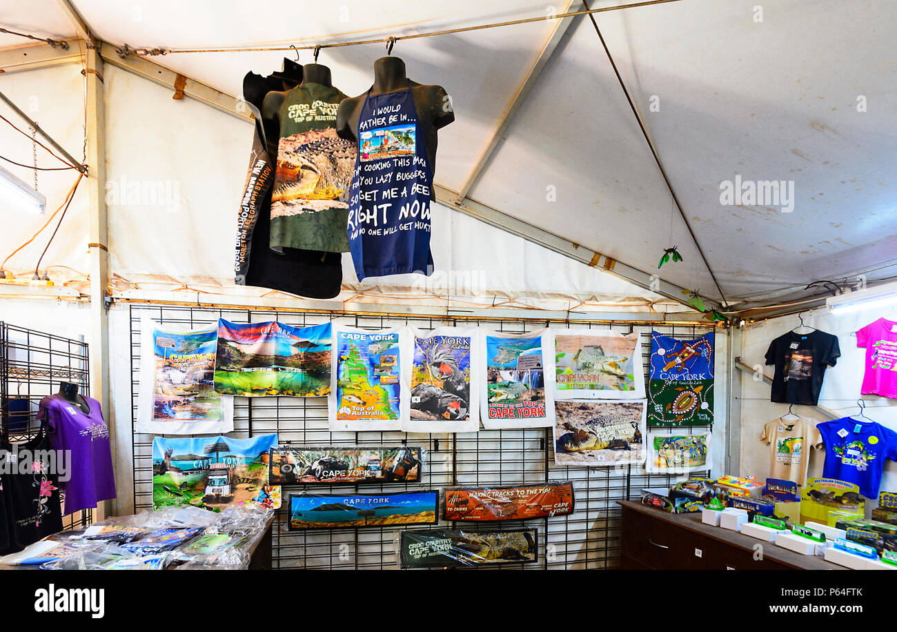 Souvenirs inside the Croc Tent, a tourist attraction on Cape York ...